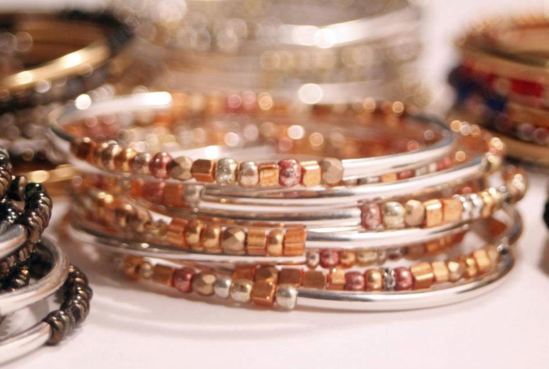 Bangle Bracelets for Women Rose Gold & Silver Beaded Bracelet Set Boho ...