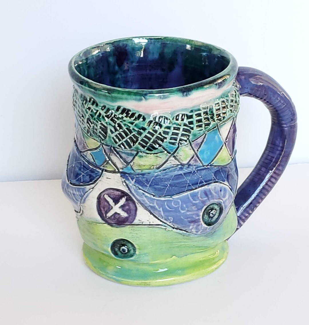 Hand-painted Ceramic Mug: Carved Wonky Design - Etsy