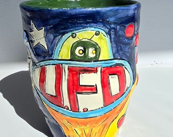 Rainbow Alien ET Ufo Ceramic Handmade Mug, Space Buddy Illustrated ...