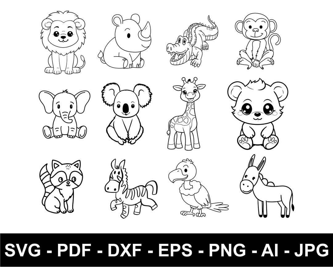 Safari Animals Outline Svg, Cute African Jungle Animal Svg, Cut File ...