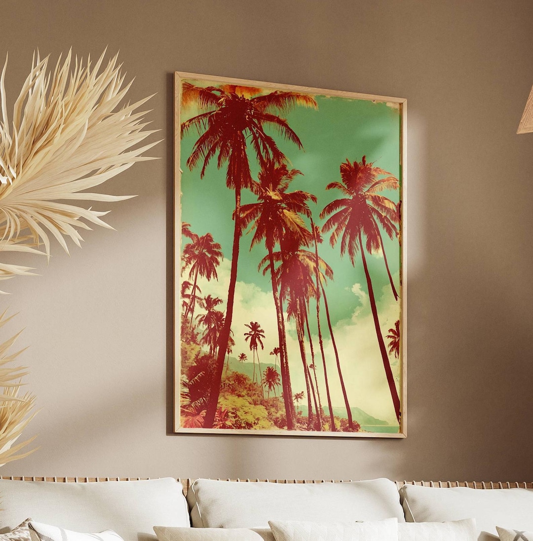 Vintage Tropical Beach Art Print of Hawaii Retro Palm Tree and Flower ...
