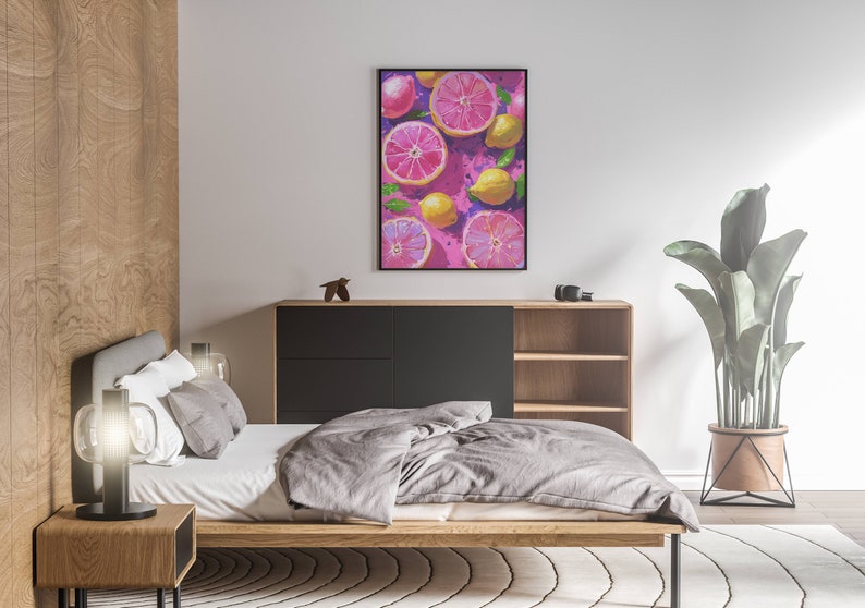 Vibrant Lemon Art Print Pink and Yellow Lemons Illustration Tropical ...