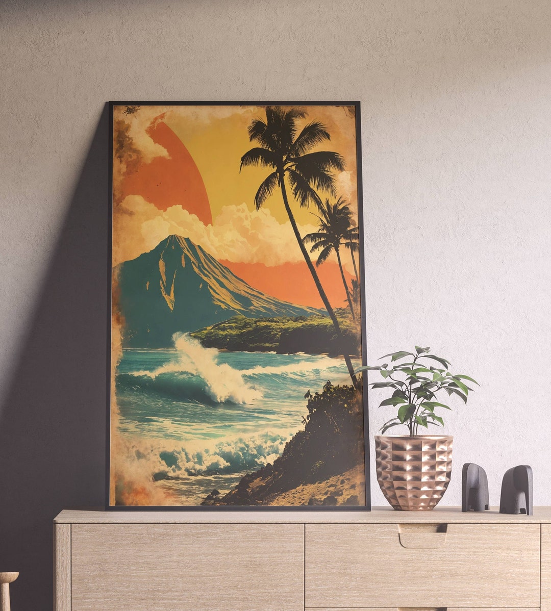 Vintage Tropical Beach Art Print of BALI Retro Palm Tree and Flower ...