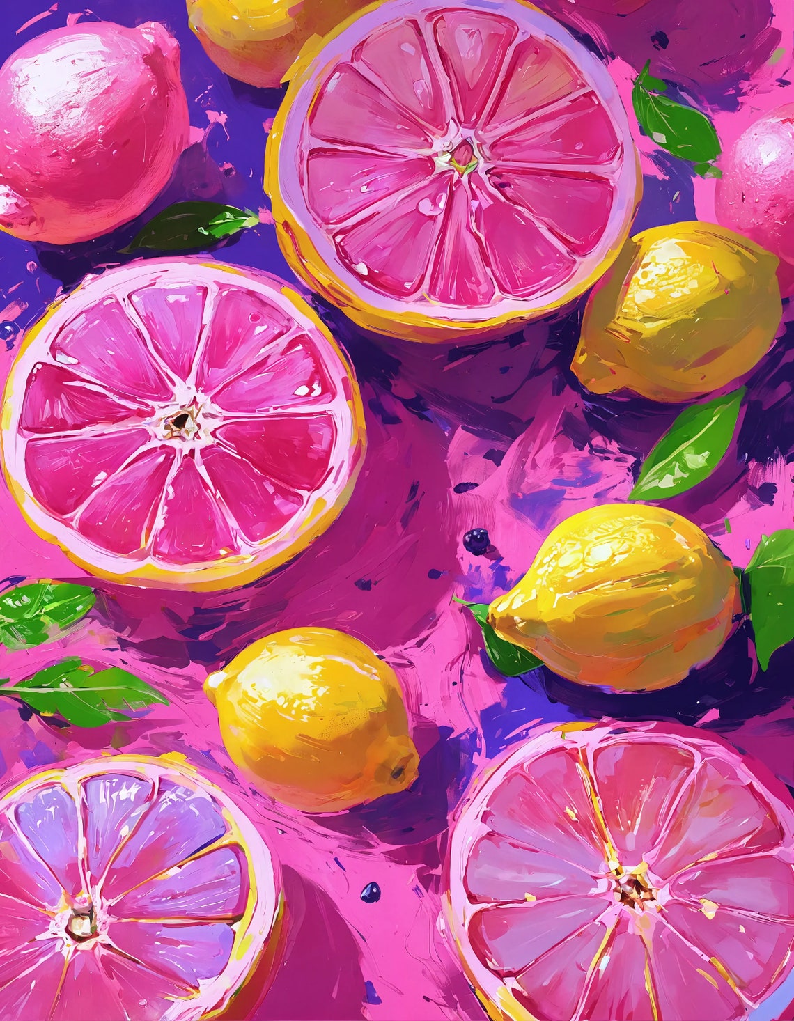 Vibrant Lemon Art Print Pink and Yellow Lemons Illustration Tropical ...