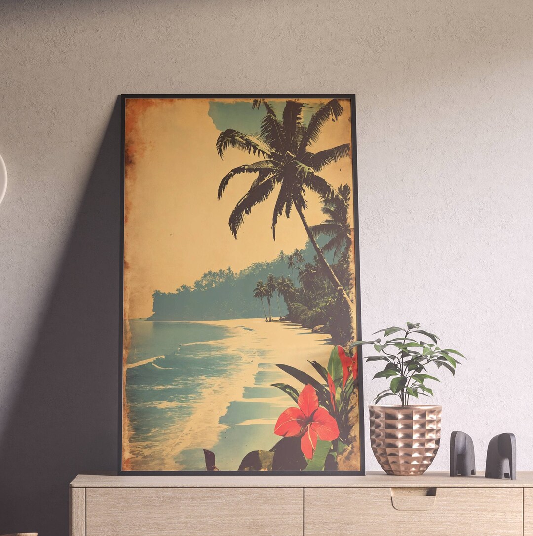 Vintage Tropical Beach Art Print of BALI Retro Palm Tree and Flower ...