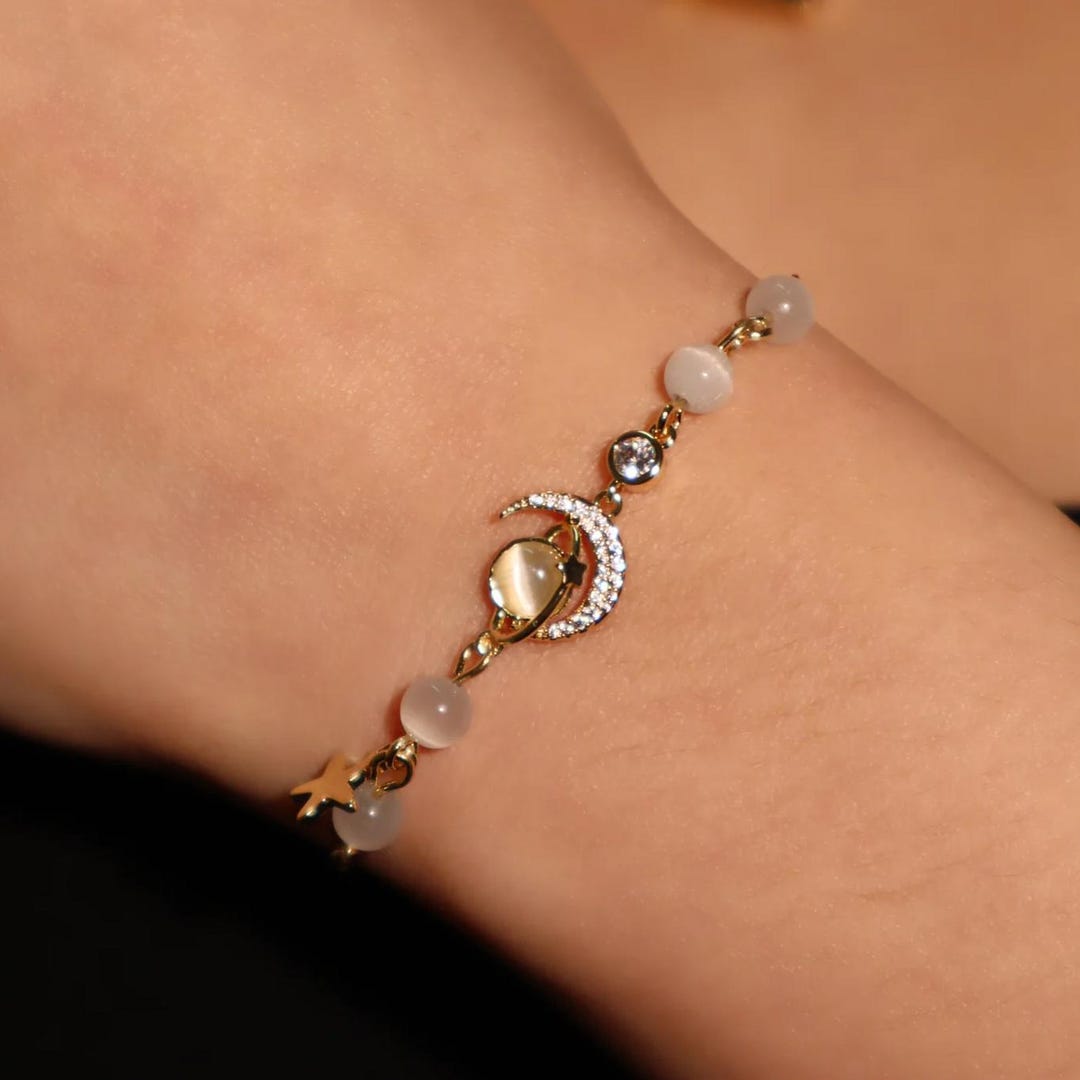 14K Gold Plated Moonlight Moon Bracelet, Moon Bracelet With Zirconia ...
