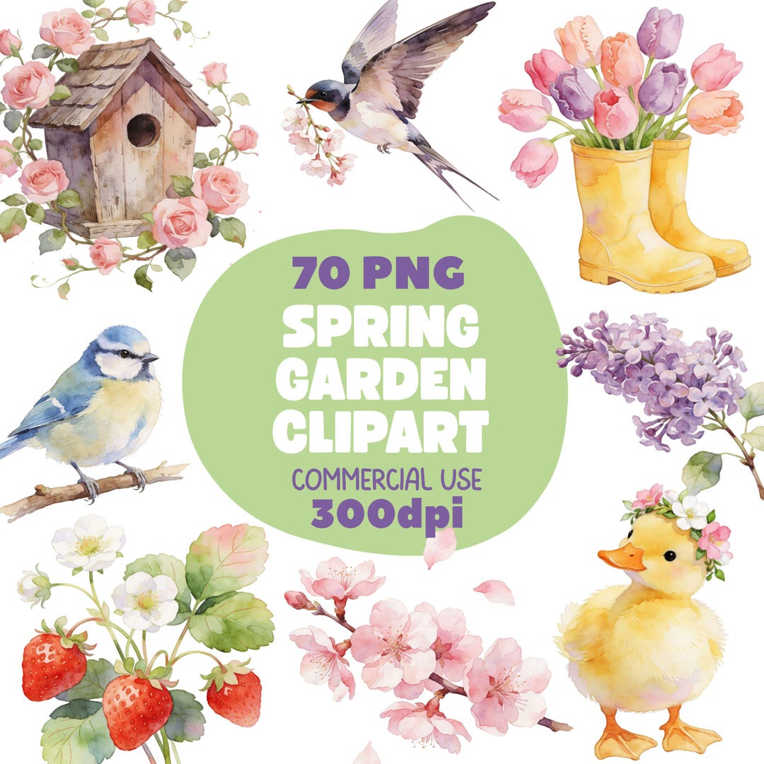 Watercolor Spring Garden Clipart Bundle | Easter Bunnies, Flowers ...