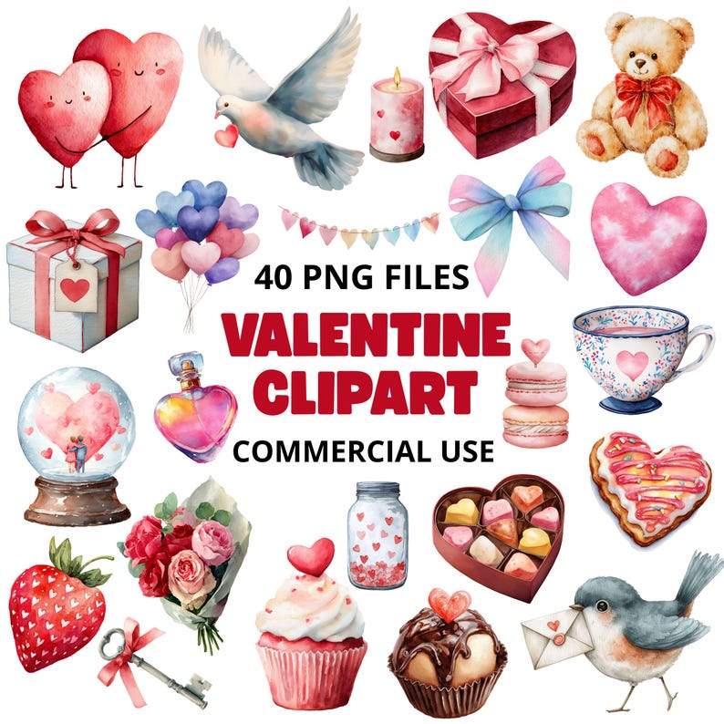 40 PNG Valentine’s Day Watercolor Clipart Set — Hearts, Gifts, Flowers ...
