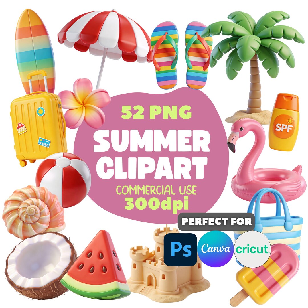 Summer Clipart Bundle, Beach Vacation Graphics, Tropical Elements (PNG ...