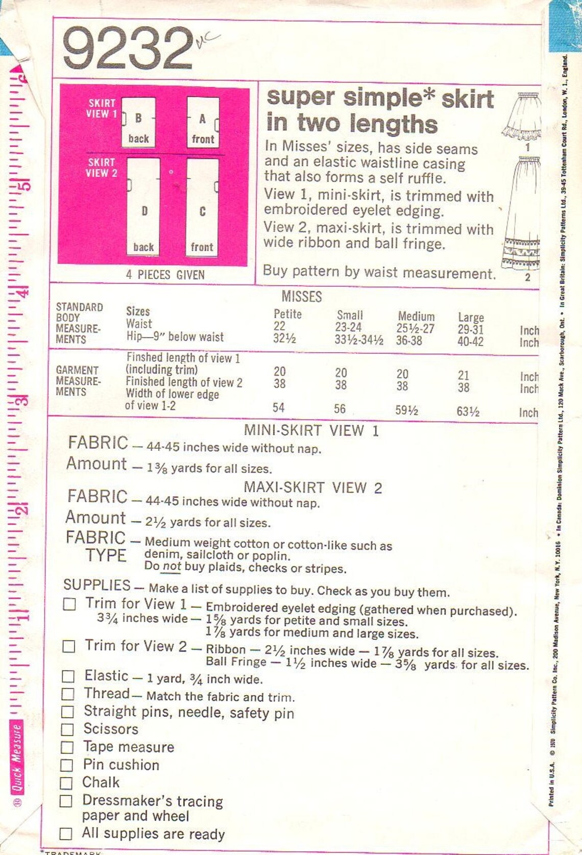 Simplicity 9232 Misses Easy Mini/maxi Skirt 70s Vintage Sewing | Etsy