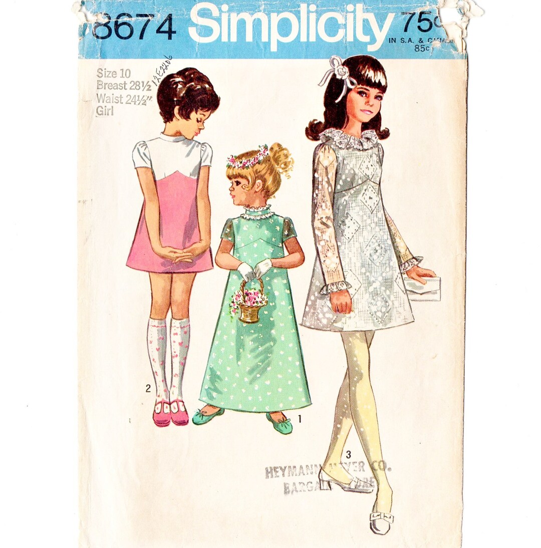Simplicity 8674 Girls Maxi, Mini Dress 60s Vintage Sewing Pattern Size ...