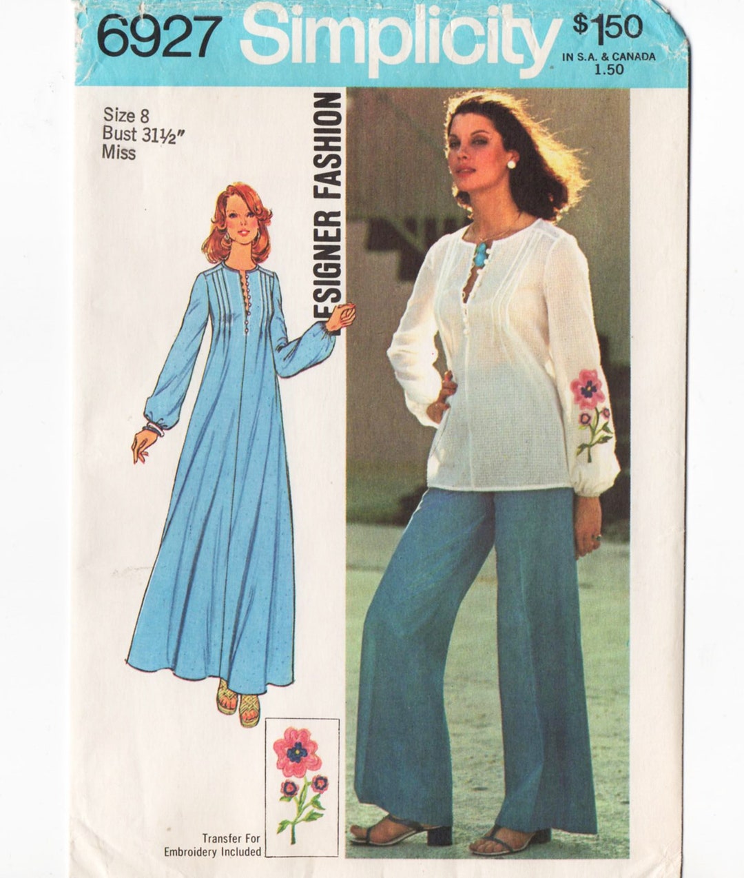 Simplicity 6927 Misses Tucked Caftan, Top, Pants 70s Vintage Sewing ...