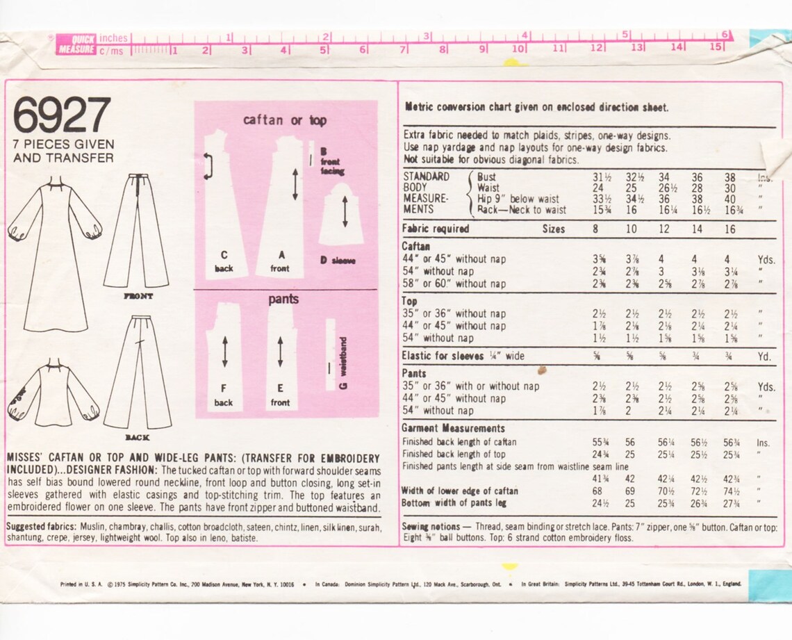 Simplicity 6927 Misses Tucked Caftan Top Pants 70s Vintage - Etsy