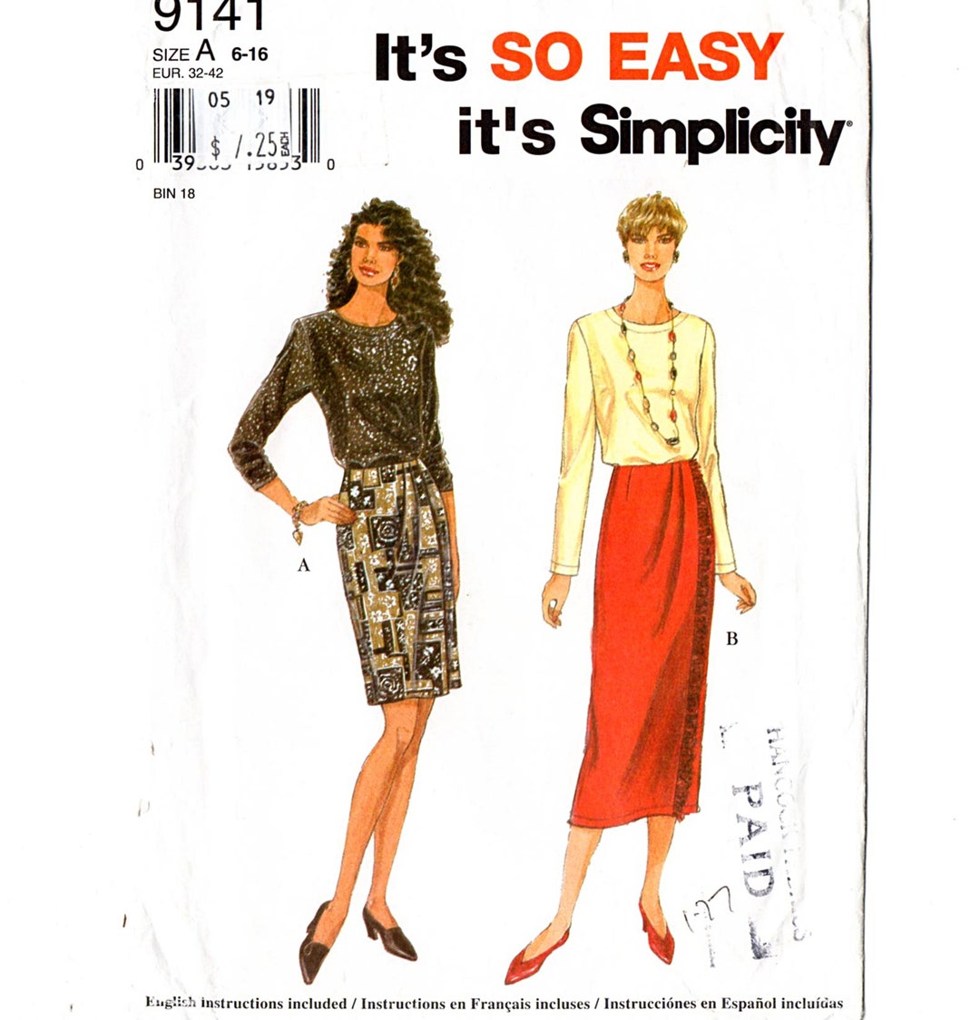 Simplicity 9141 Misses Straight Wrap Skirt, Top 90s Vintage Sewing ...