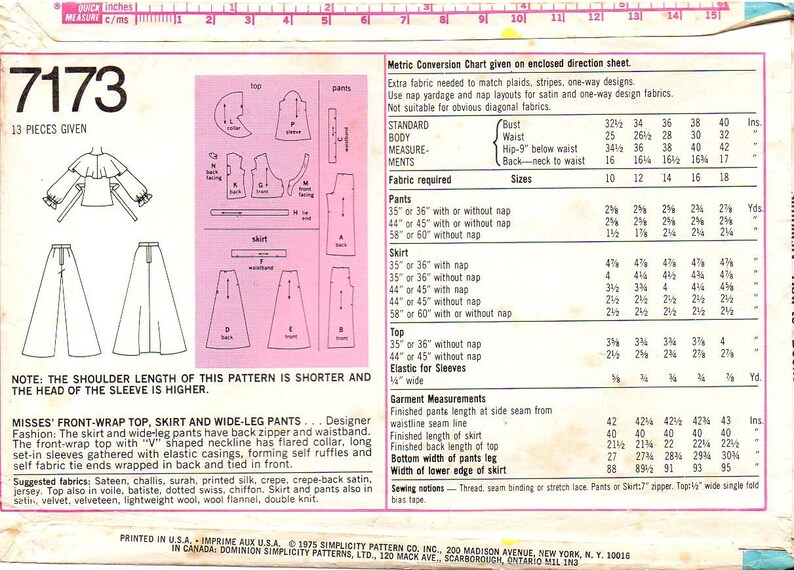 Simplicity 7173 Misses Wrap Top Maxi Skirt Pants 70s Vintage | Etsy