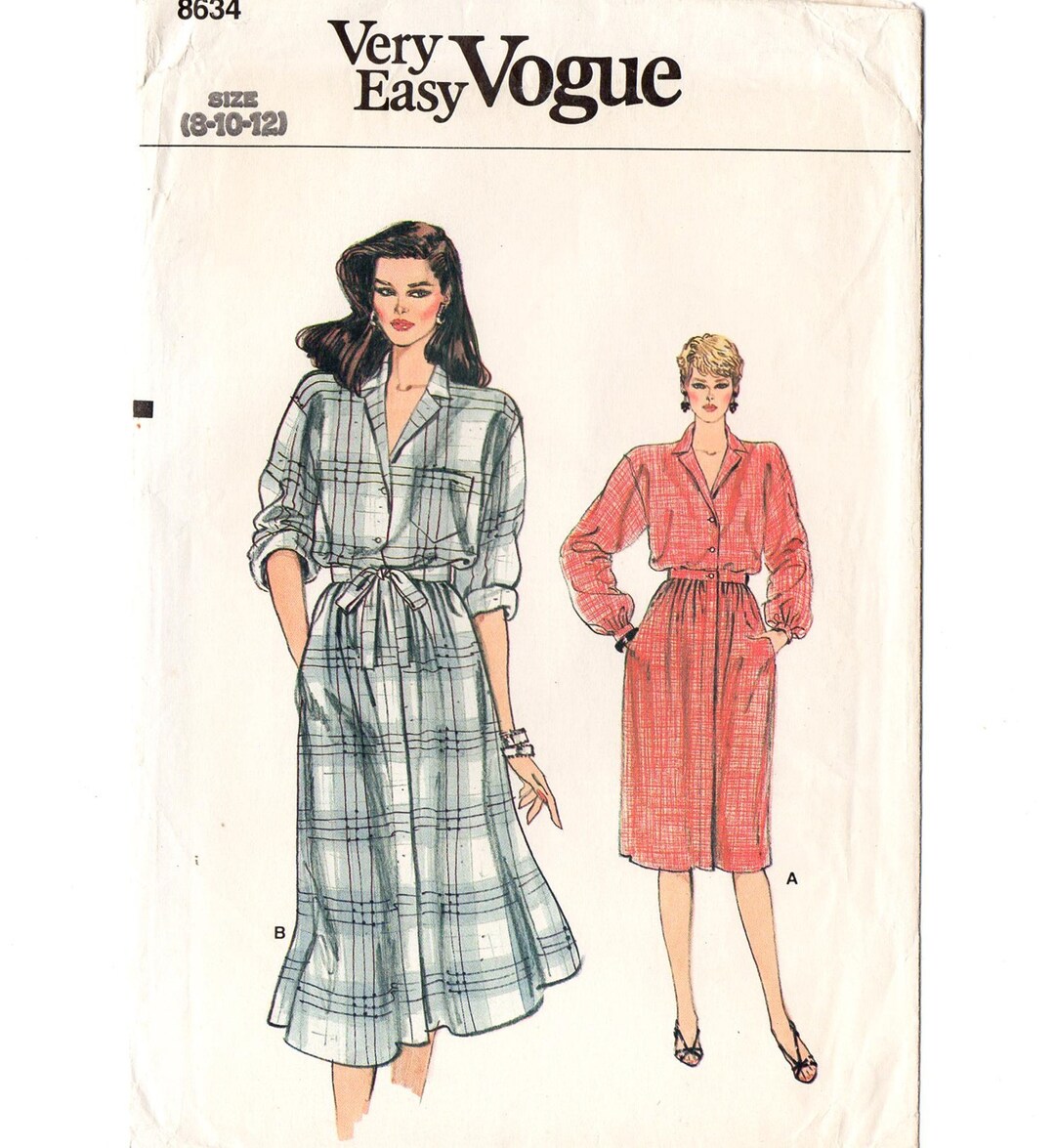 Vogue 8634 Misses Shirt, Skirt 80s Vintage Sewing Pattern Uncut Size 8 ...