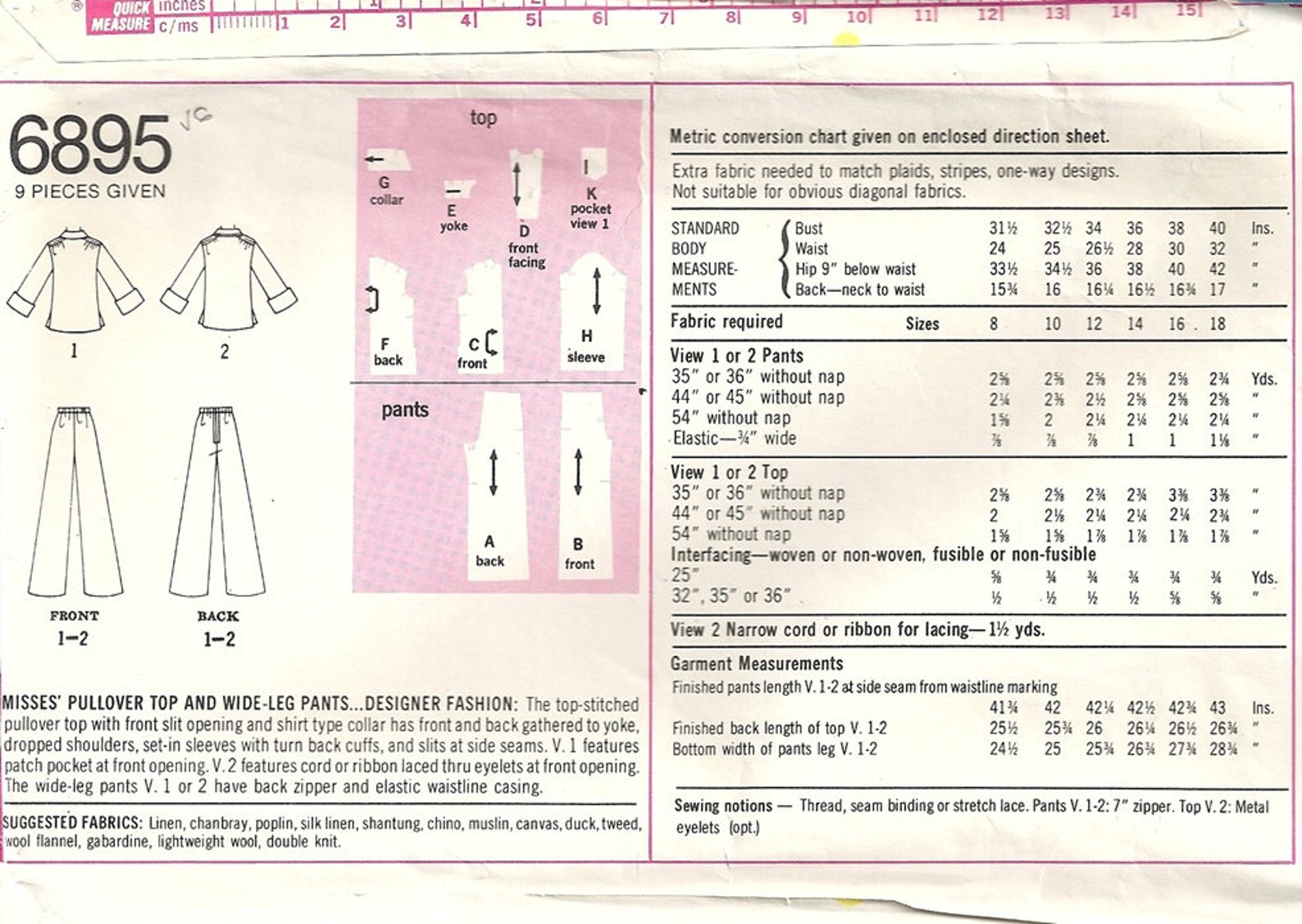Simplicity 6895 Misses Laced Top Pants 70s Vintage Sewing - Etsy