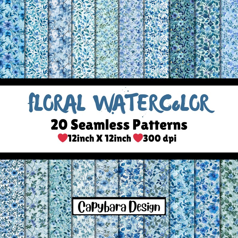 Blue Floral Water Color Digital Paper blue Tone 20 Seamless Romantic ...