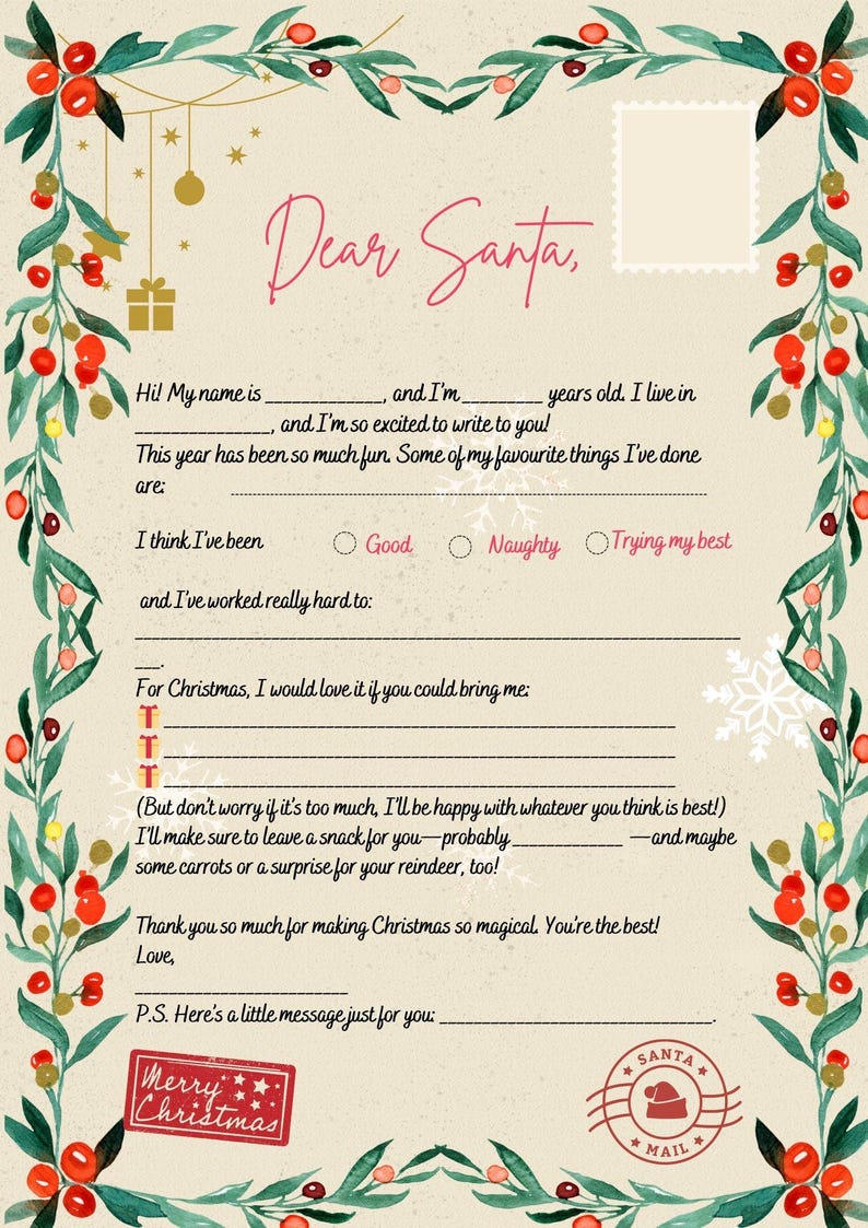 Dear Santa Claus Letter, Template, Christmas Wish List, Fun Printable ...