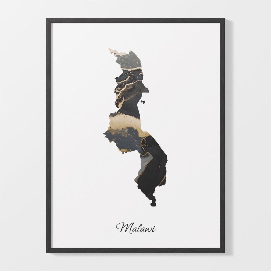 Malawi Art Print, Malawian Map Poster, Elegant Country Artwork, Black ...