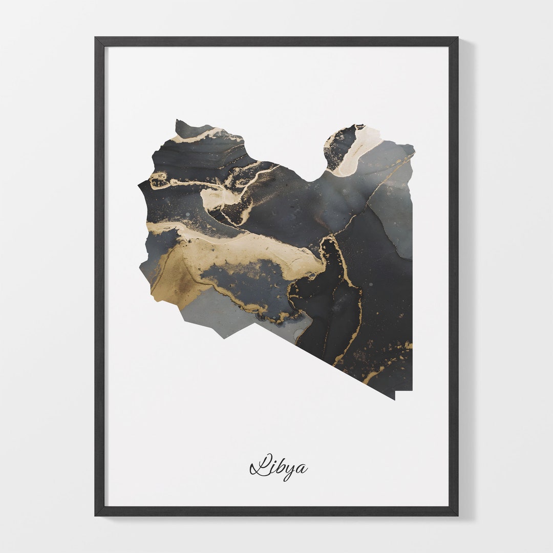 Libya Art Print, Libyan Map Poster, Elegant Country Artwork, Black and ...