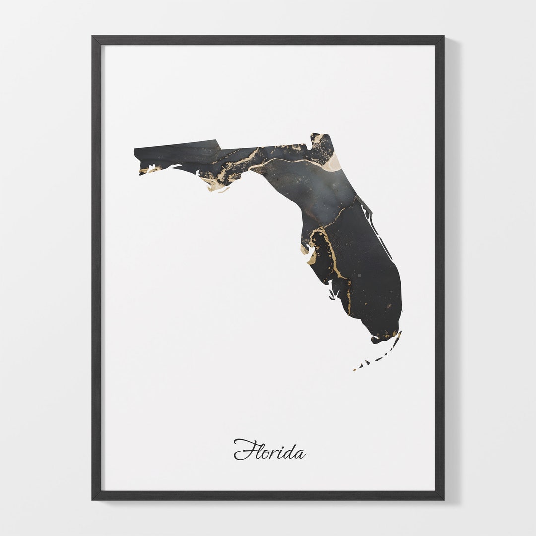 Florida Art Print, Floridian Map Poster, Elegant Country Artwork, Black ...