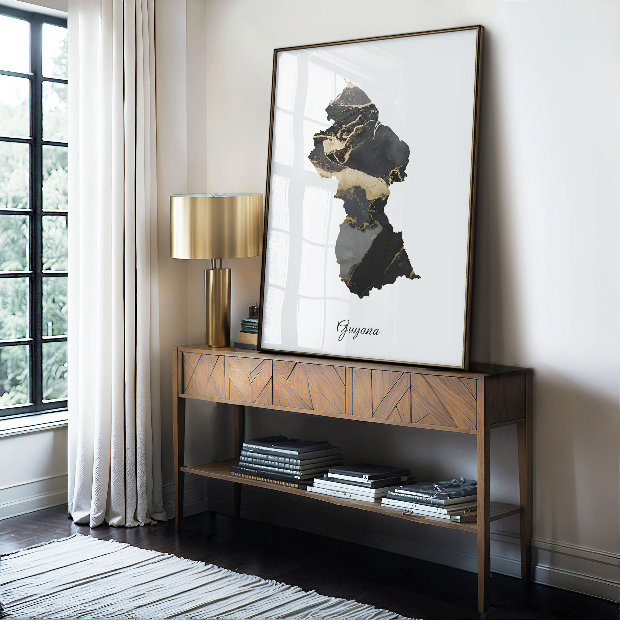 Guyana Art Print, Guyanese Map Poster, Elegant Country Artwork, Black ...