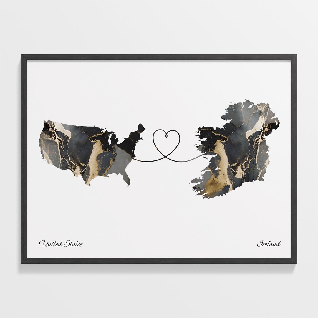 USA to Ireland Print, Irish Gift, Marble Two Countries Map Poster, US ...