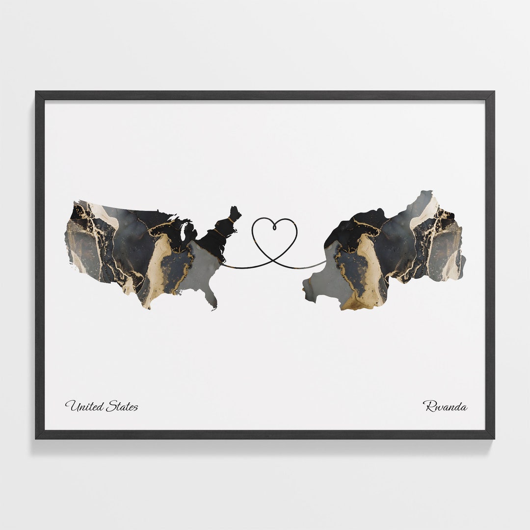 USA to Rwanda Print, Rwandan Gift, Marble Two Countries Map Poster, US ...