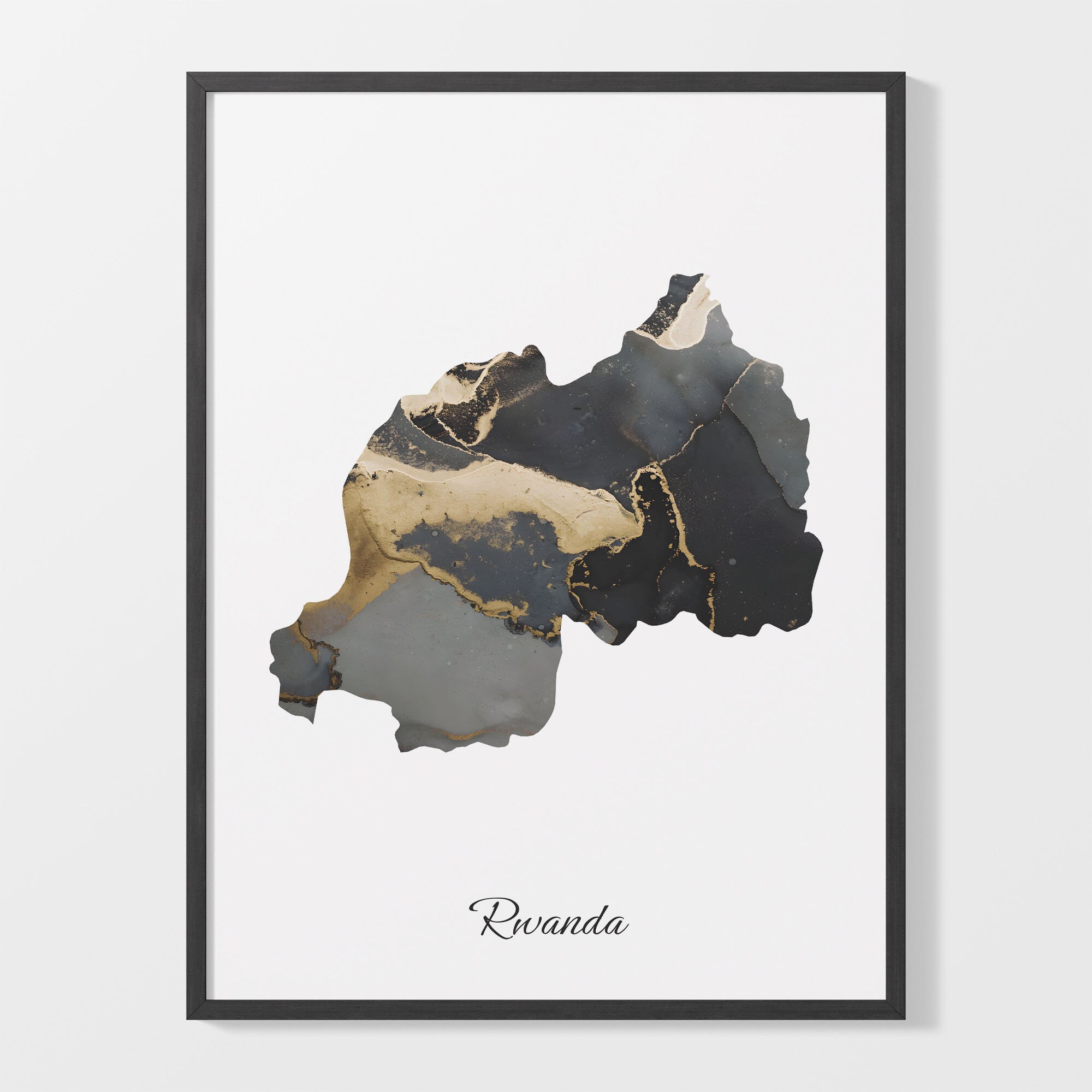 Rwanda Art Print, Rwandan Map Poster, Elegant Country Artwork, Black ...