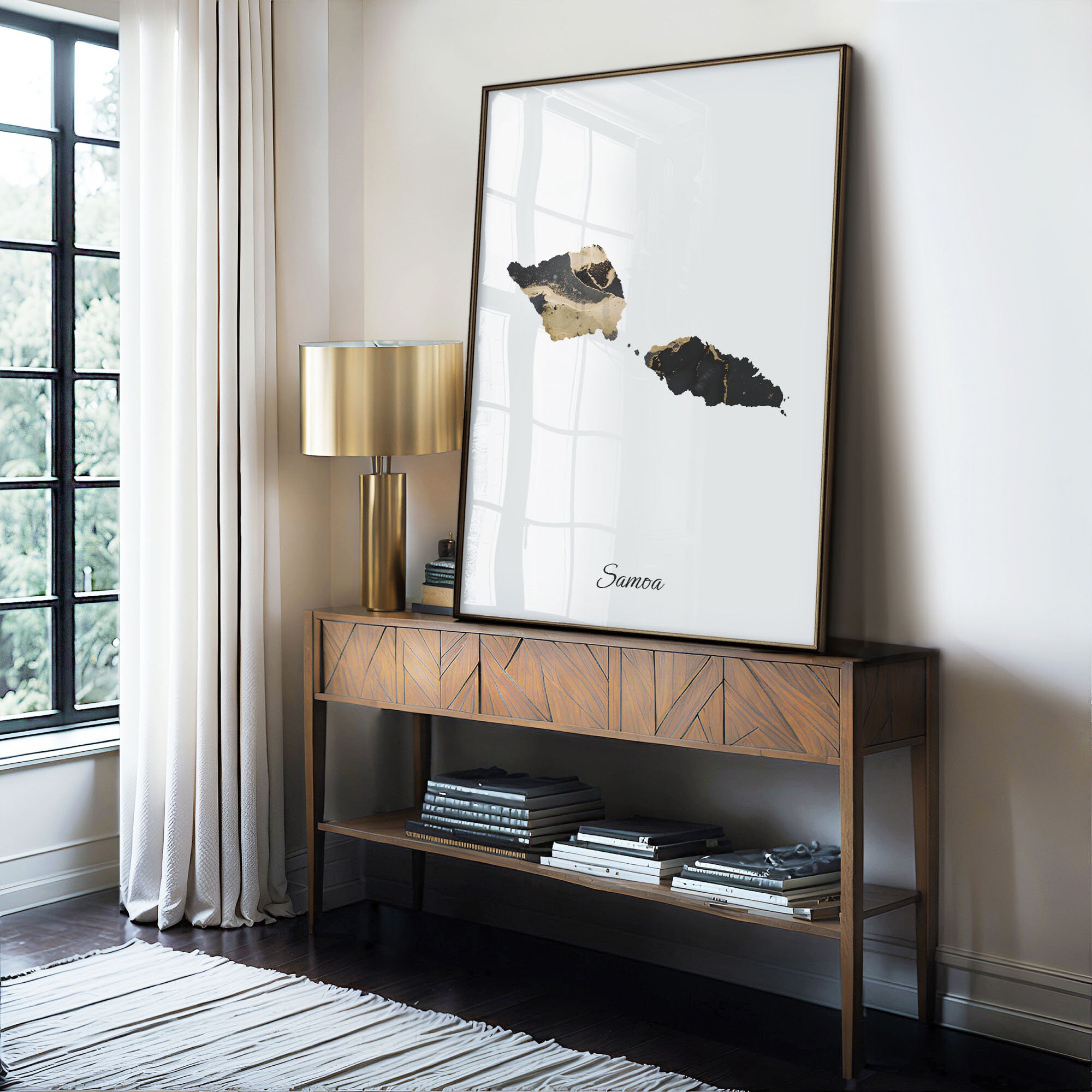 Samoa Art Print, Samoan Map Poster, Elegant Country Artwork, Black and ...