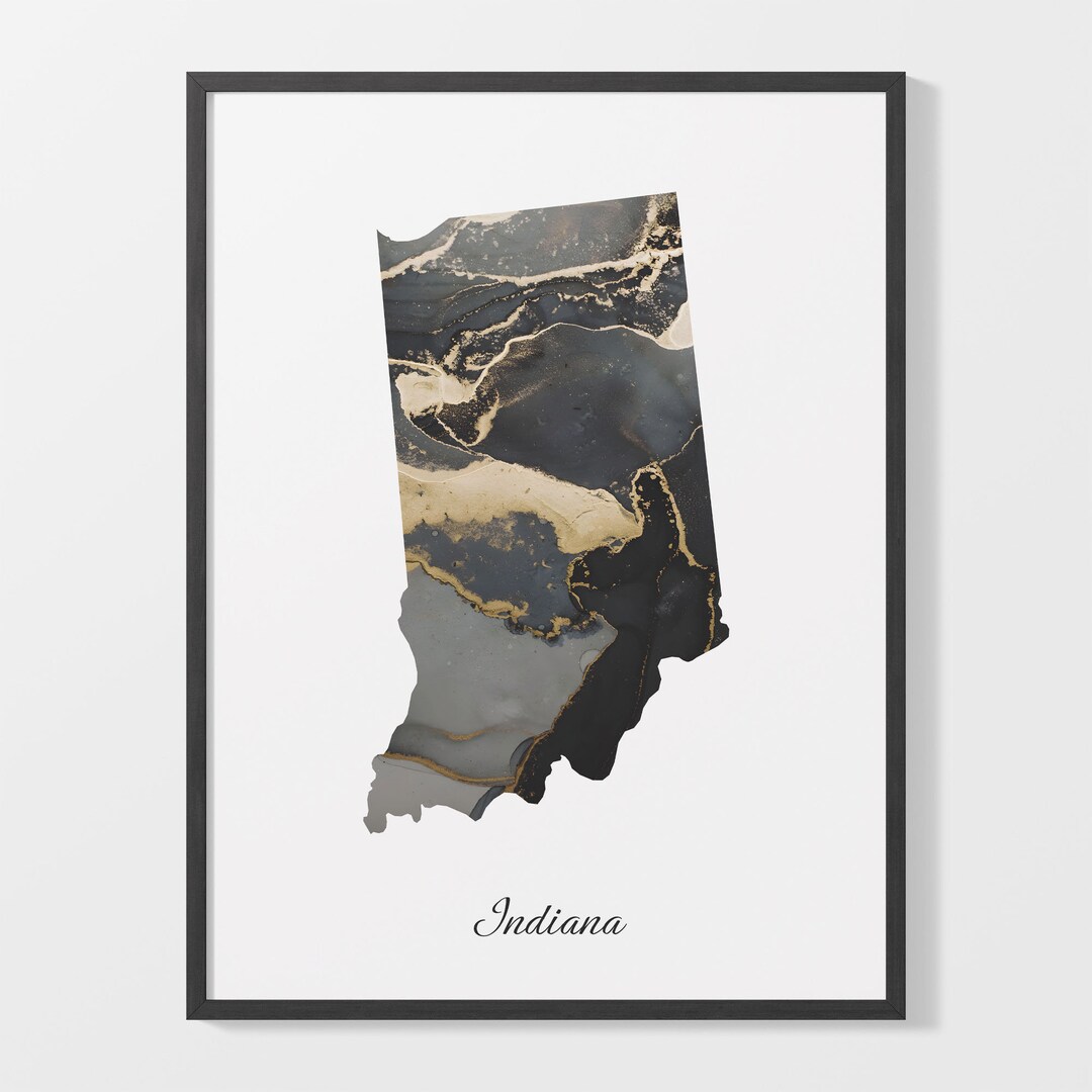 Indiana Art Print, Hoosier Map Poster, Elegant Country Artwork, Black ...