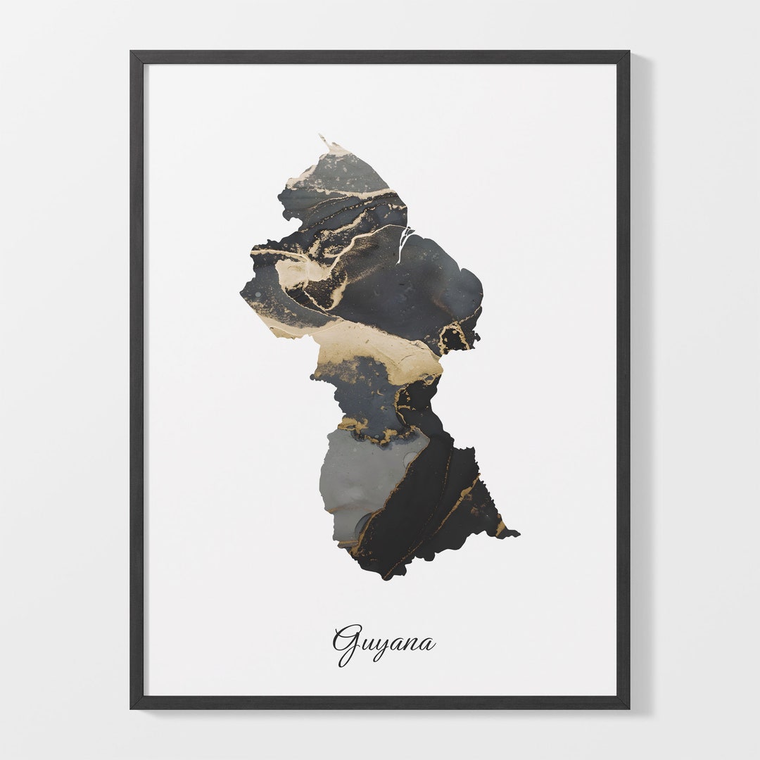 Guyana Art Print, Guyanese Map Poster, Elegant Country Artwork, Black ...