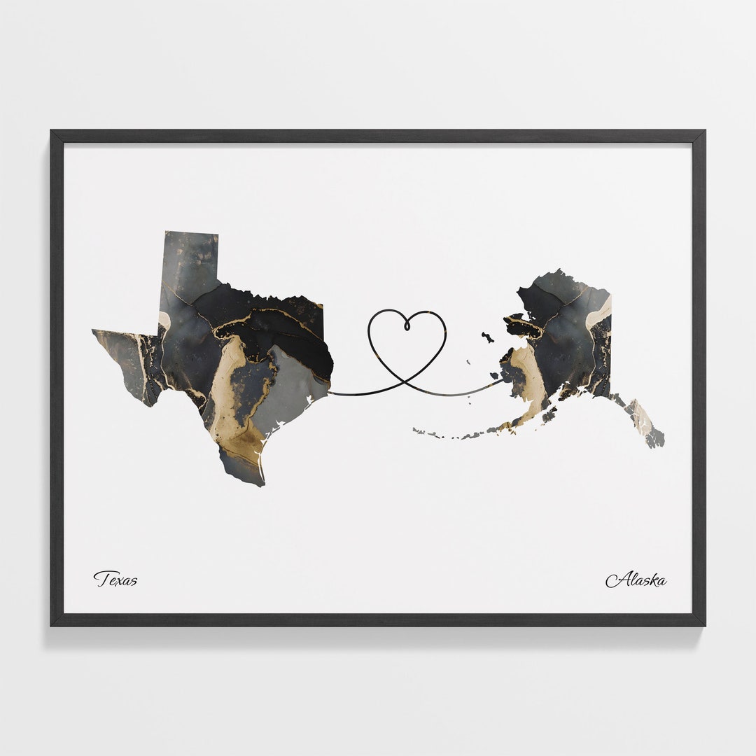 Texas to Alaska Print, Alaskan Gift, Marble Two Countries Map Poster ...