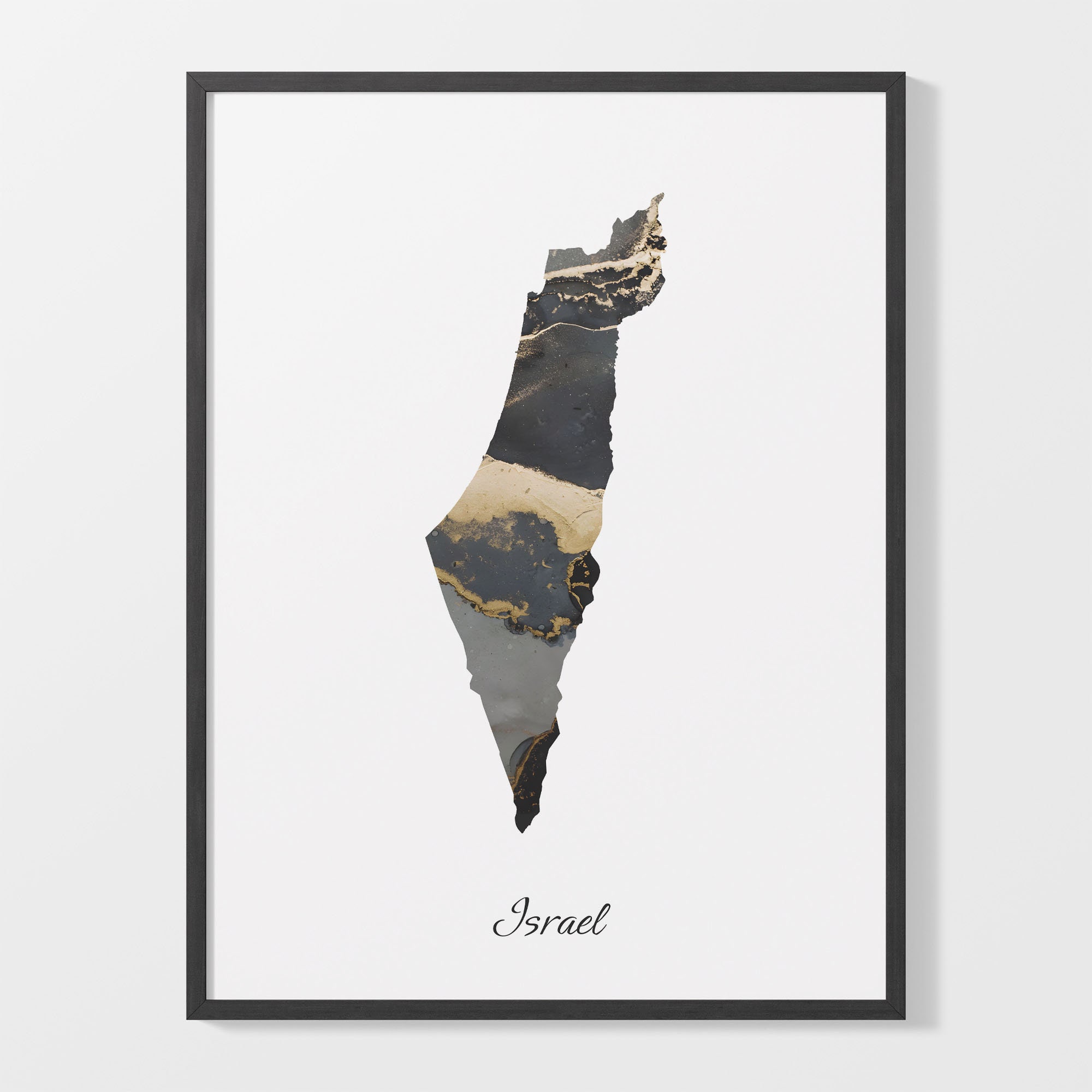 Israel Art Print, Israeli Map Poster, Elegant Country Artwork, Black ...