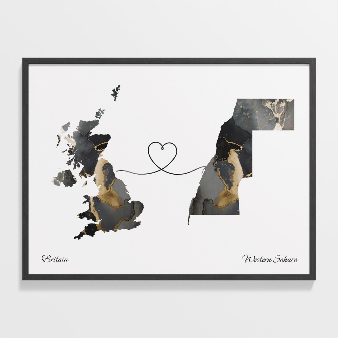 Britain to Western Sahara Print, Sahrawi Gift, Marble Two Countries Map ...