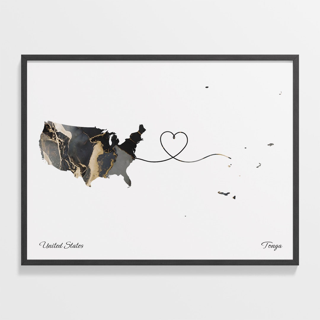 USA to Tonga Print, Tongan Gift, Marble Two Countries Map Poster, US ...