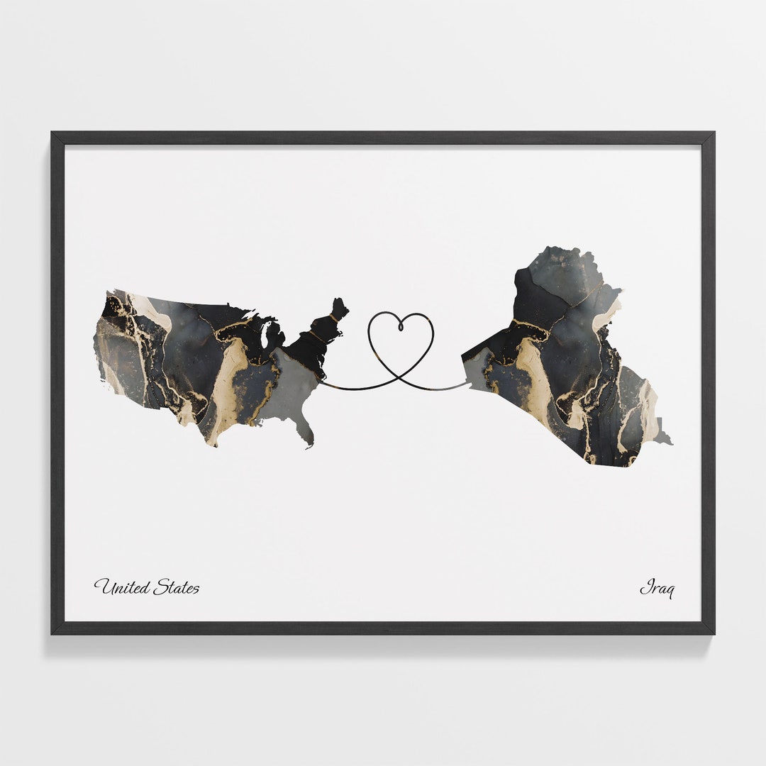 USA to Iraq Print, Iraqi Gift, Marble Two Countries Map Poster, US Wall ...