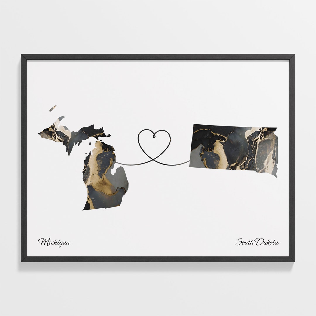 Michigan to South Dakota Print, South Dakotan Gift, Marble Two ...