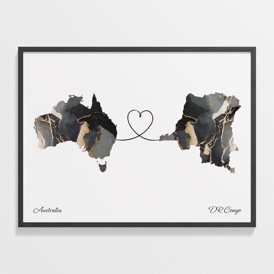 Australia to DR Congo Print, Dominican Gift, Marble Two Countries Map ...