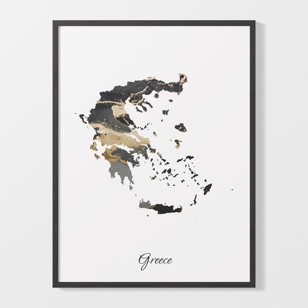 Greece Art Print, Greek Map Poster, Elegant Country Artwork, Black and ...