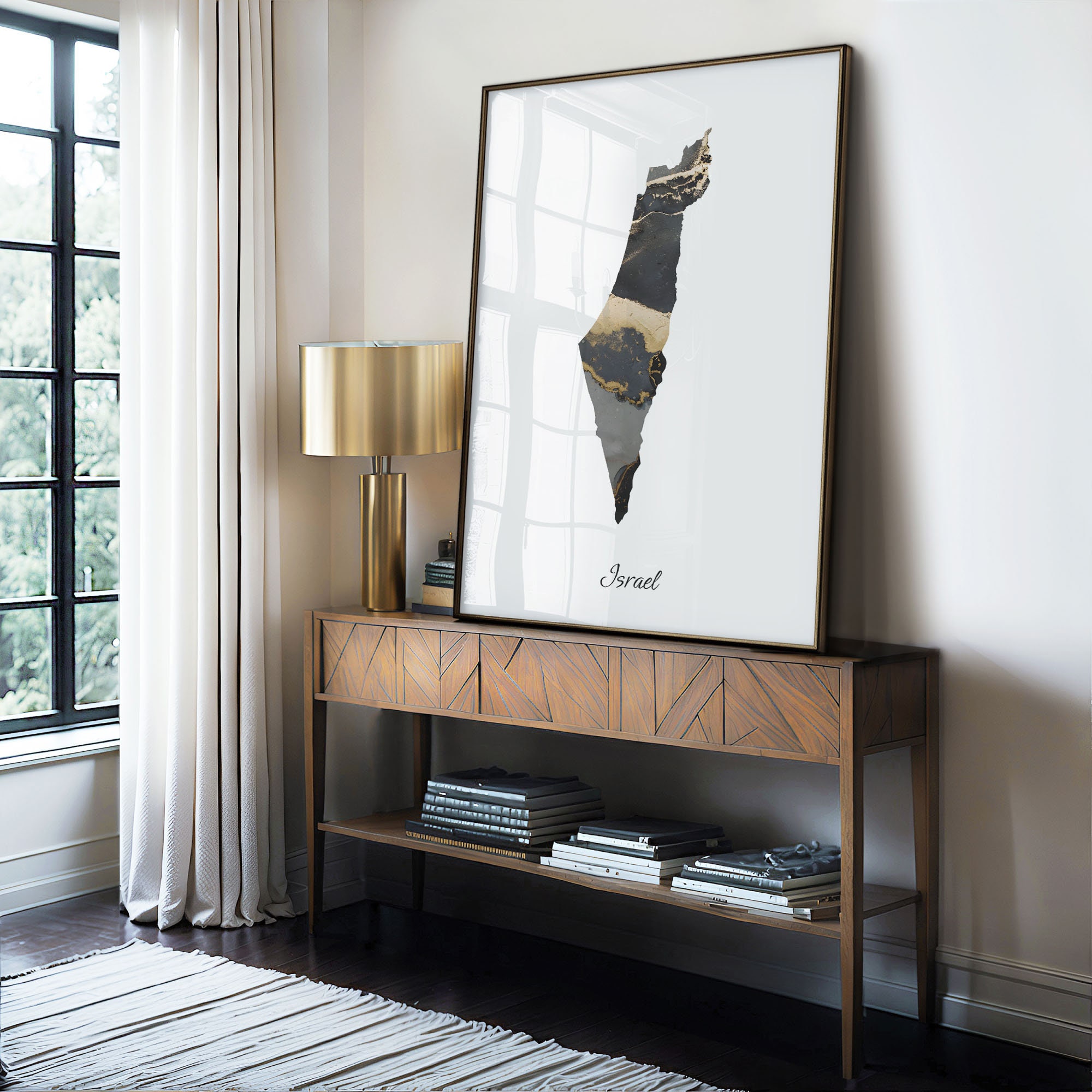 Israel Art Print, Israeli Map Poster, Elegant Country Artwork, Black ...