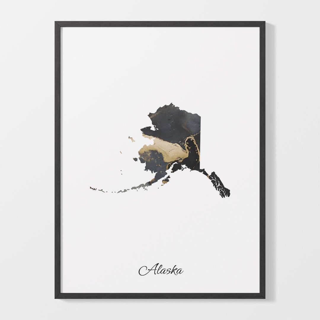 Alaska Map Art Print: Black and Gold Abstract AK Painting - Etsy