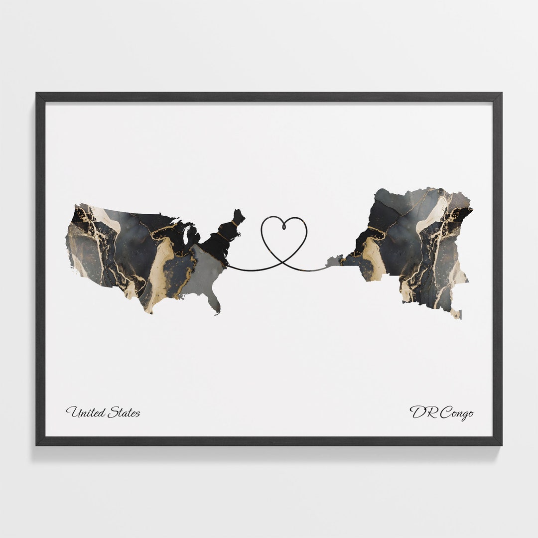USA to DR Congo Print, Congolese Gift, Marble Two Countries Map Poster ...