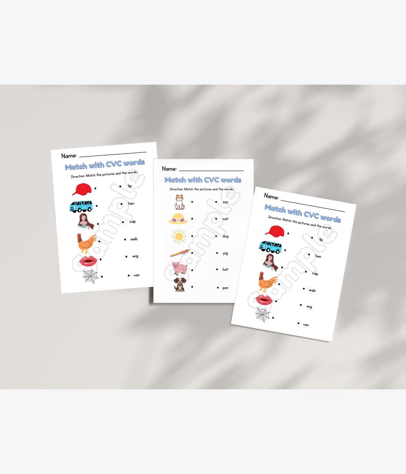 CVC Word and Picture Matching Worksheets | Printable Phonics Activity ...