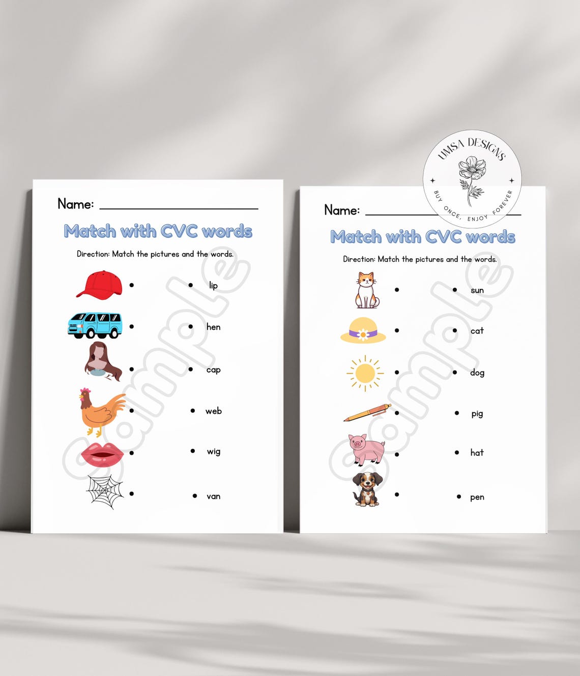 CVC Word and Picture Matching Worksheets | Printable Phonics Activity ...