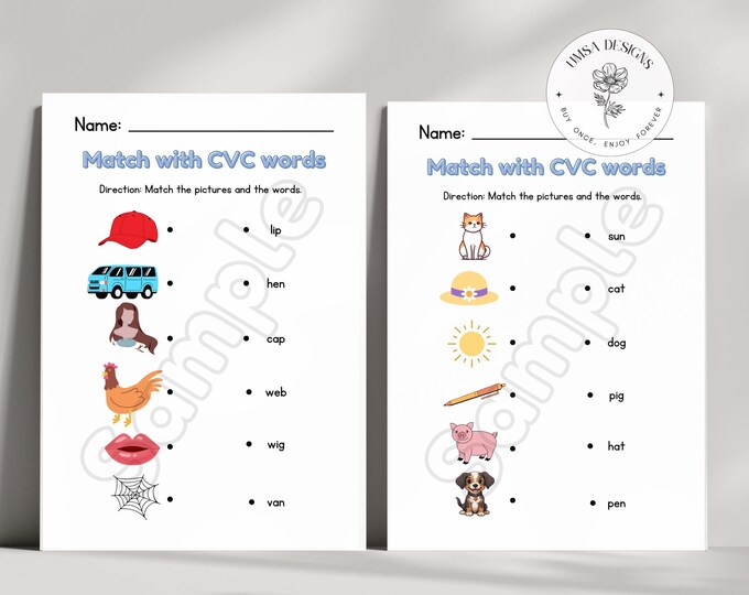 CVC Word and Picture Matching Worksheets | Printable Phonics Activity ...