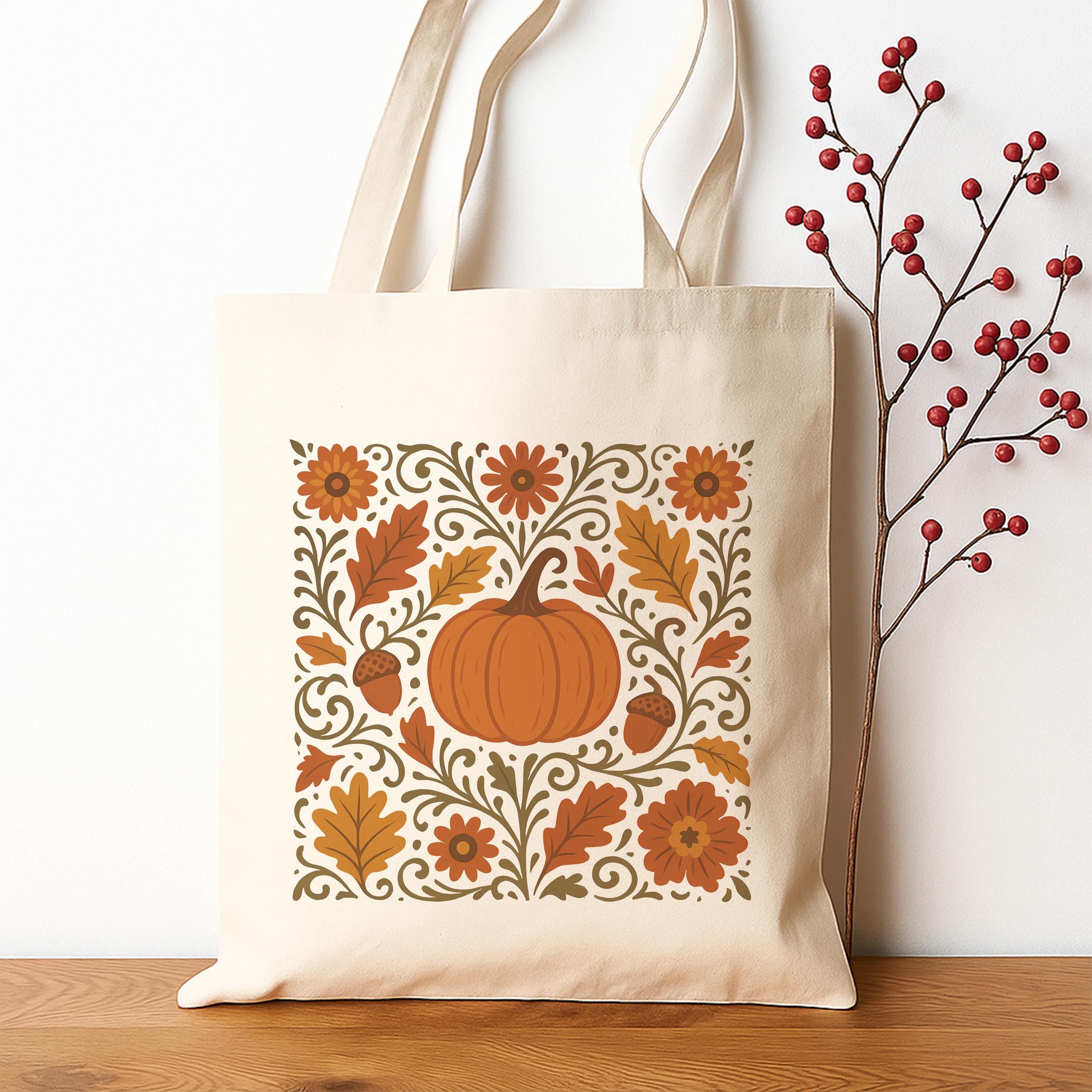 Retro Fall Tote Bag – Cotton 15x16", Vintage-inspired Pumpkin Autumn ...