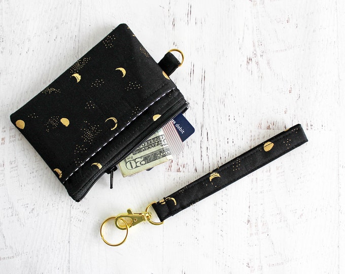 Moon Phases ID Holder - Grab and Go Small Mini Wristlet Wallet - Black ...