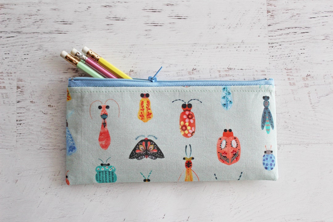 Cute Insects Print Pen and Pencil Case - Long Mint Zipper Pouch - Gift ...